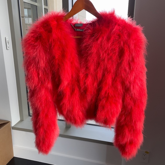 Jackets & Coats | Red Alexander Mcqueen Ostrich Feather Jacket | Poshmark